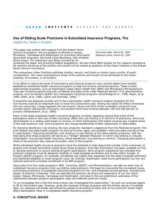 Use of Sliding Scale Premiums in Subsidized Insurance Programs, The