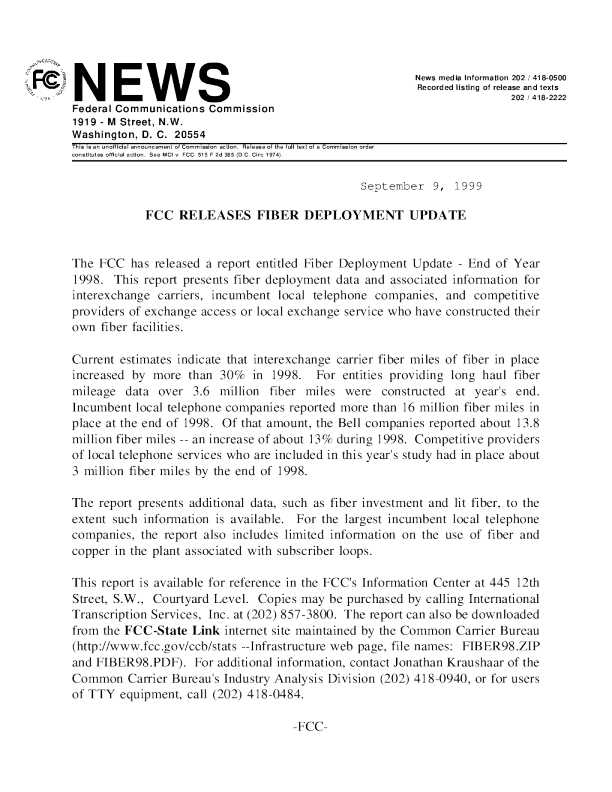 Fiber Deployment Update Report (1998)