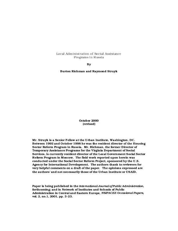 Local Administration of Social Assistance Programs in Russia