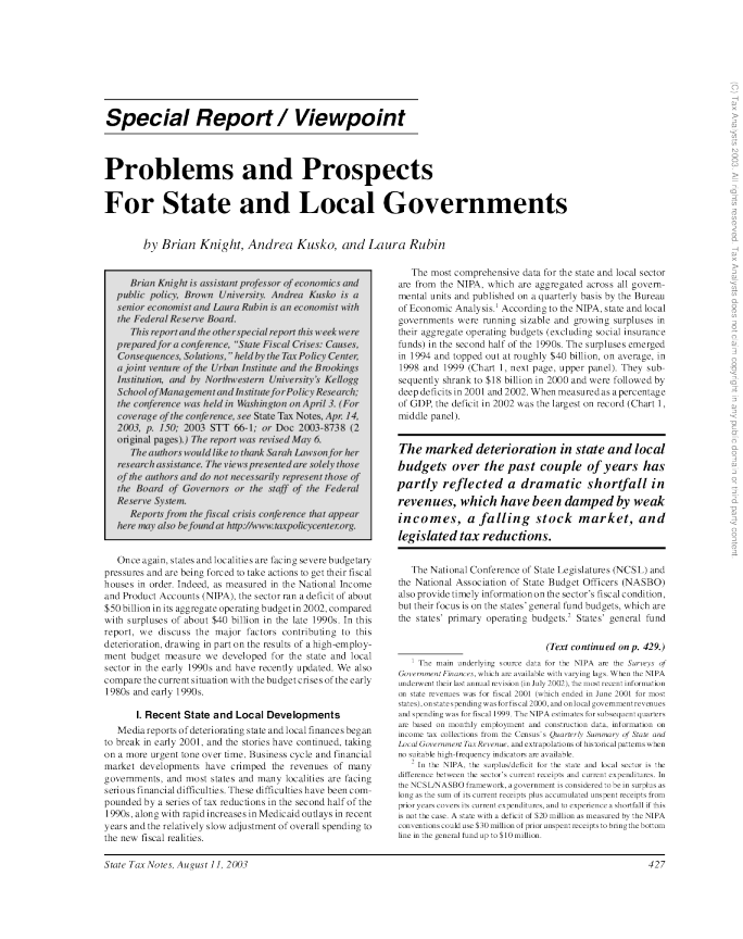 Problems and Prospects for State and Local Governments
