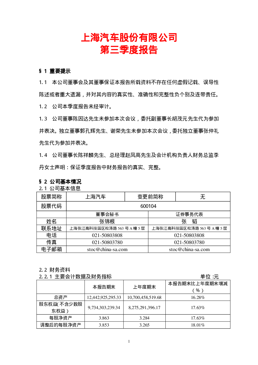 上汽集团:上海汽车2003年第三季度报告