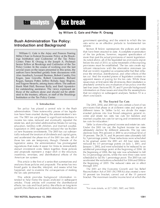 Bush Administration Tax Policy: Introduction and Background
