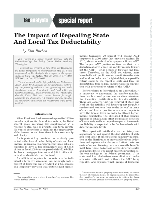 The Impact of Repealing State and Local Tax Deductibility
