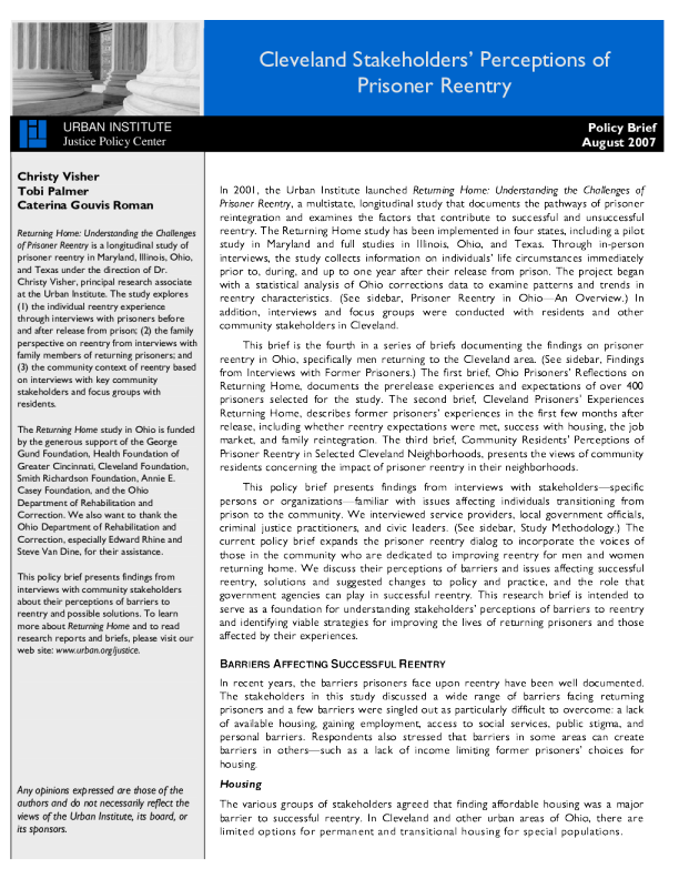 Cleveland Stakeholders' Perceptions of Prisoner Reentry