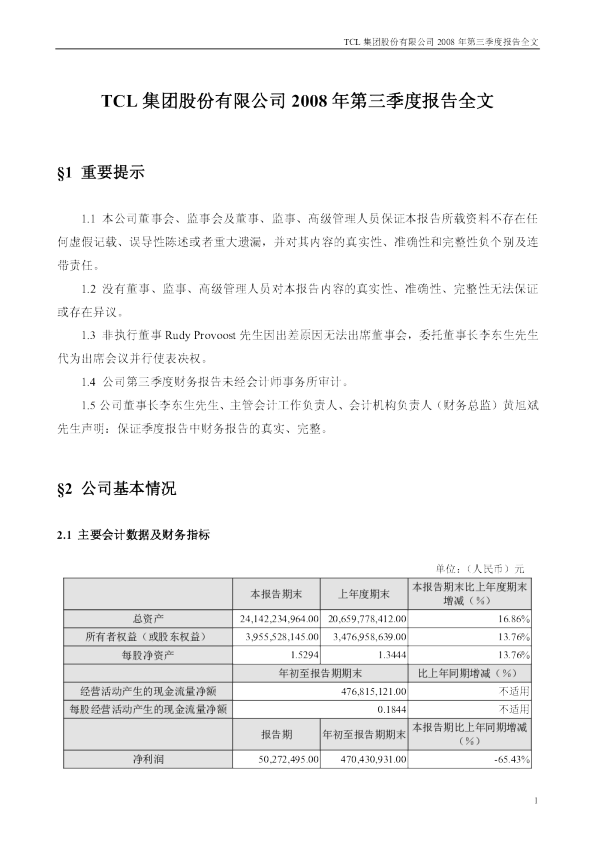 TCL 集团：2008年第三季度报告