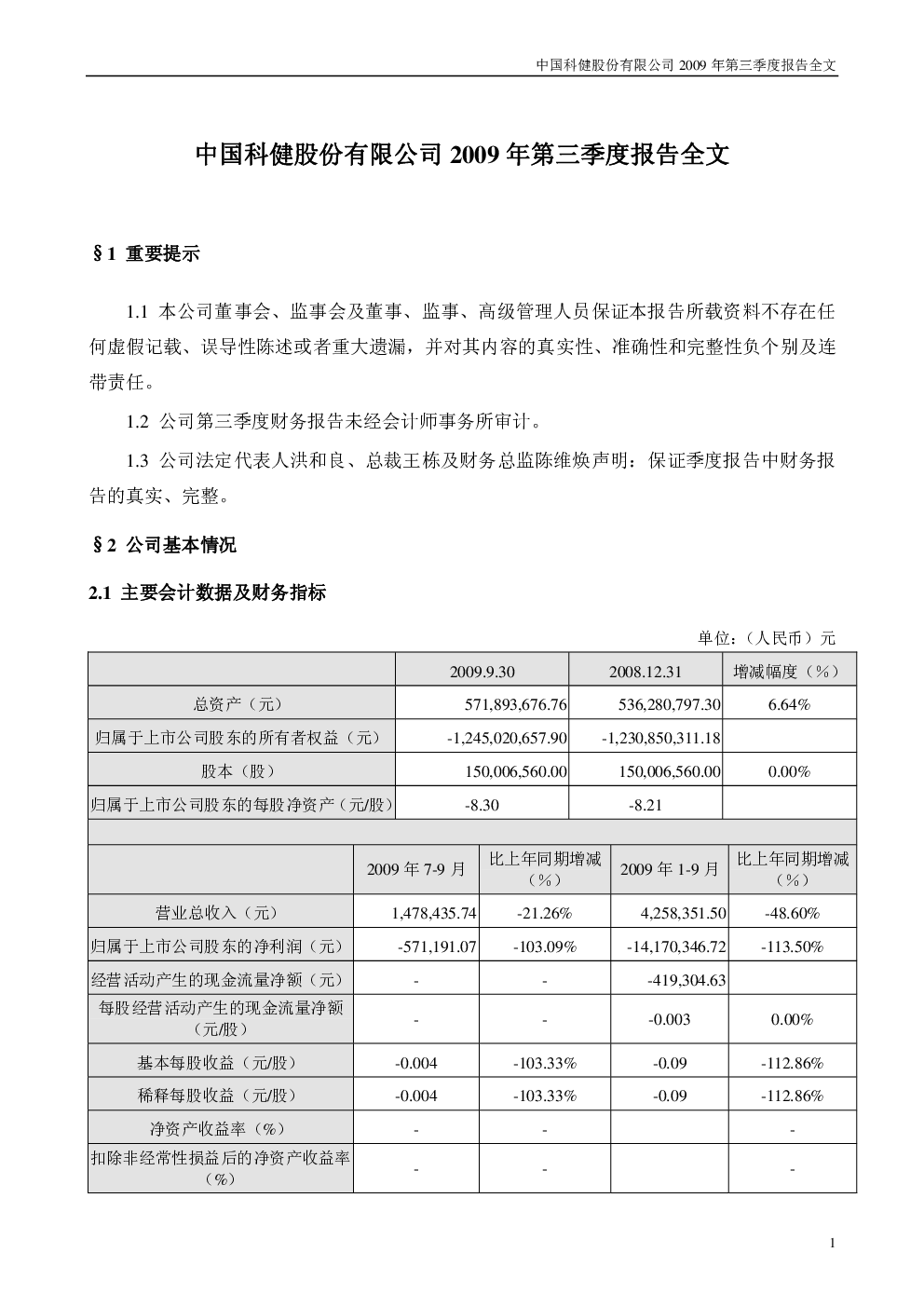 St 科 健:2009年第三季度报告