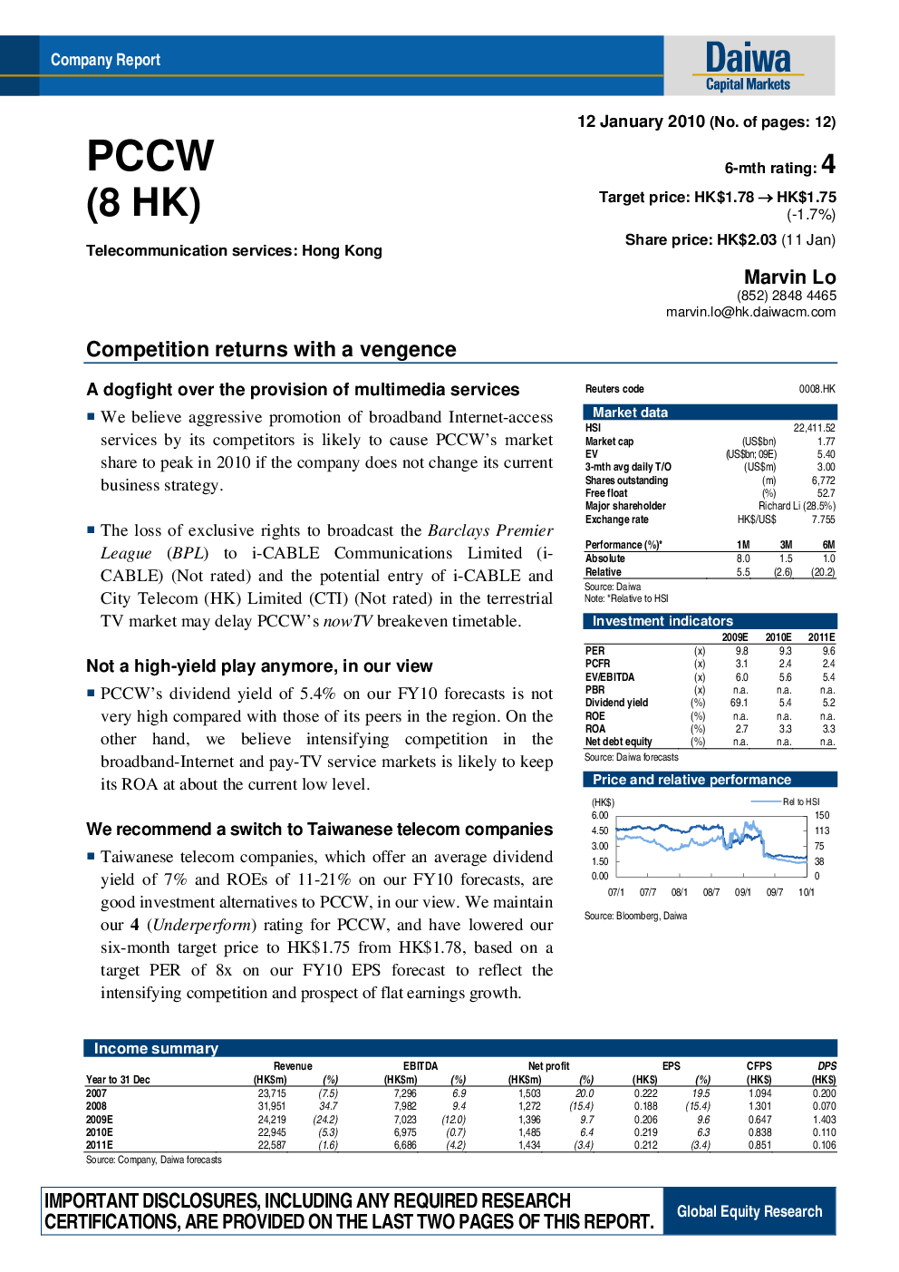 电讯盈科,00008 2010-01-13 Marvin Lo 大和证券 ؂***