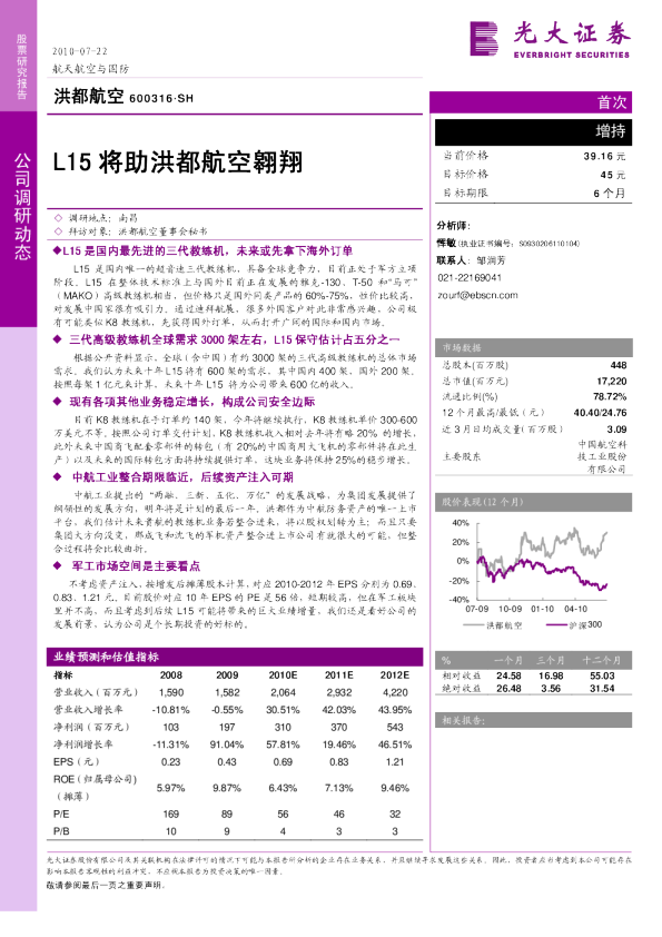 L15将助洪都航空(600316)翱翔