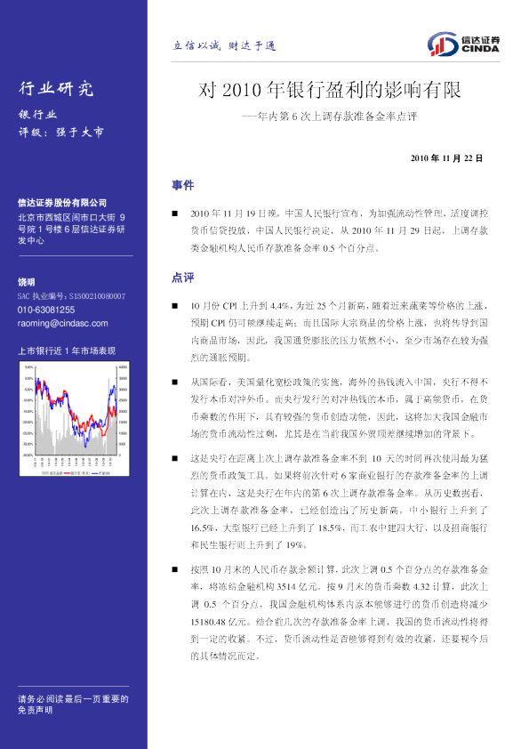 年内第6次上调存款准备金率点评：对2010年银行盈利的影响有限 