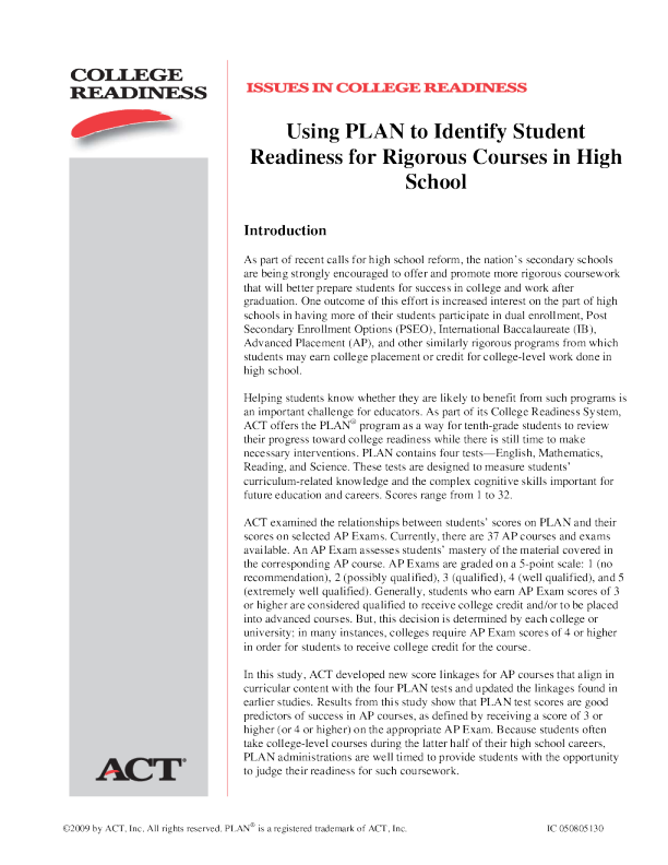 Using PLAN to Identify Student Readiness for Rigorous Courses in High ...