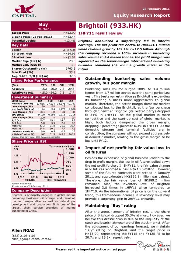 Brightoil：1HFY11结果审查