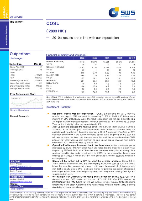 COSL：2010年业绩符合我们的预期