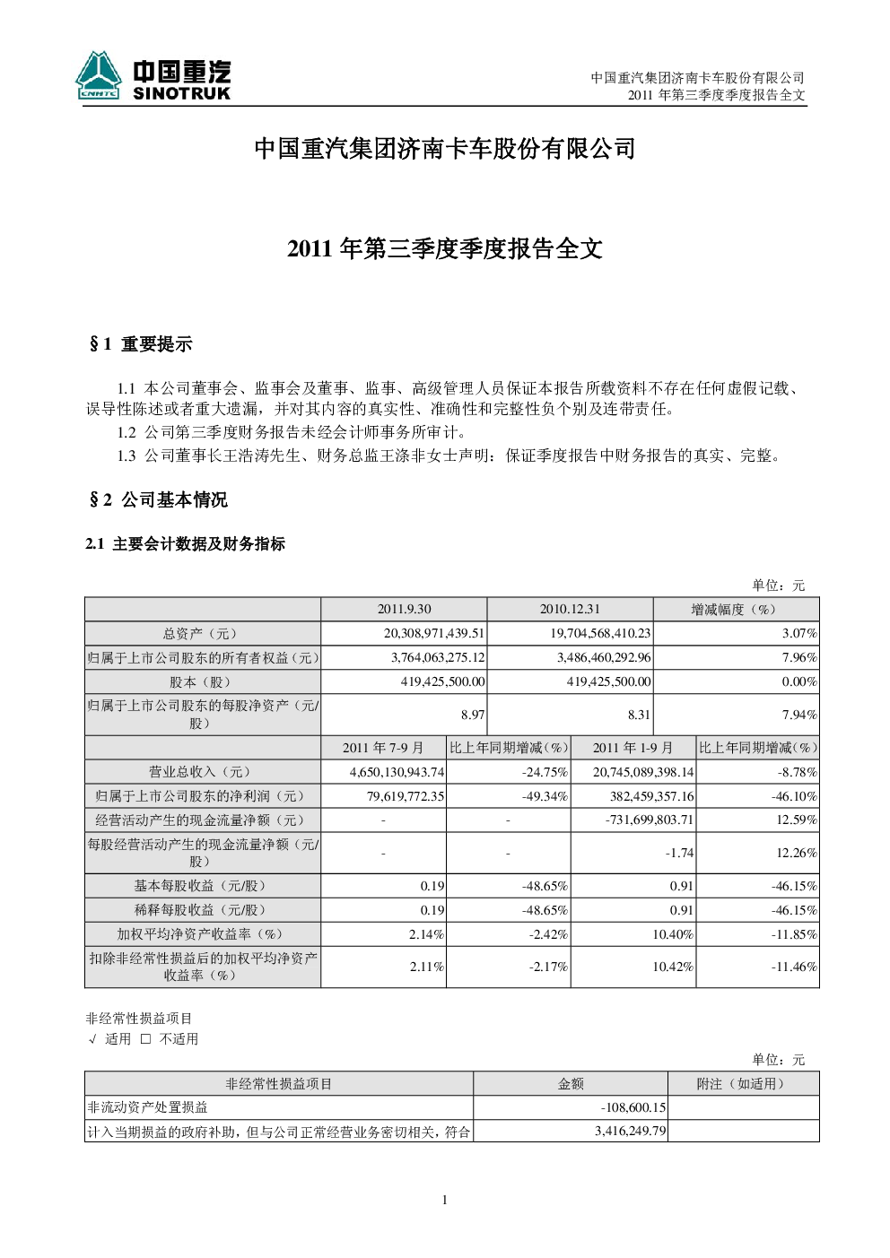 中国重汽:2011年第三季度报告全文