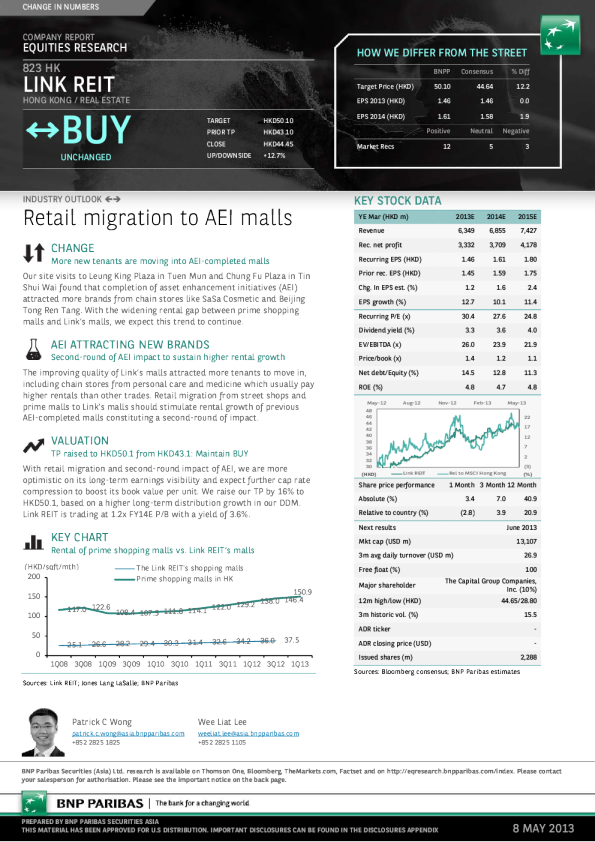 LINK REIT：零售迁移到AEI购物中心