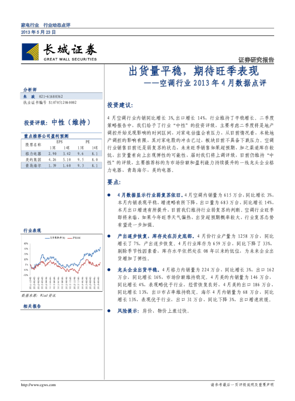 空调行业2013年4月数据点评:出货量平稳 期待旺季表现