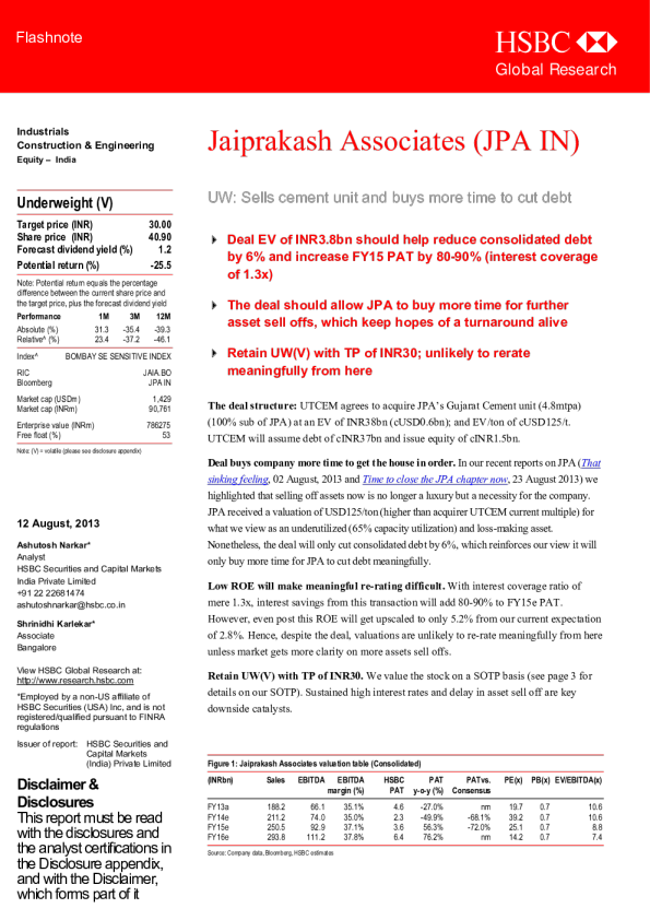 Jaiprakash Associates（JPA IN）：出售水泥部门并购买更多时间削减债务