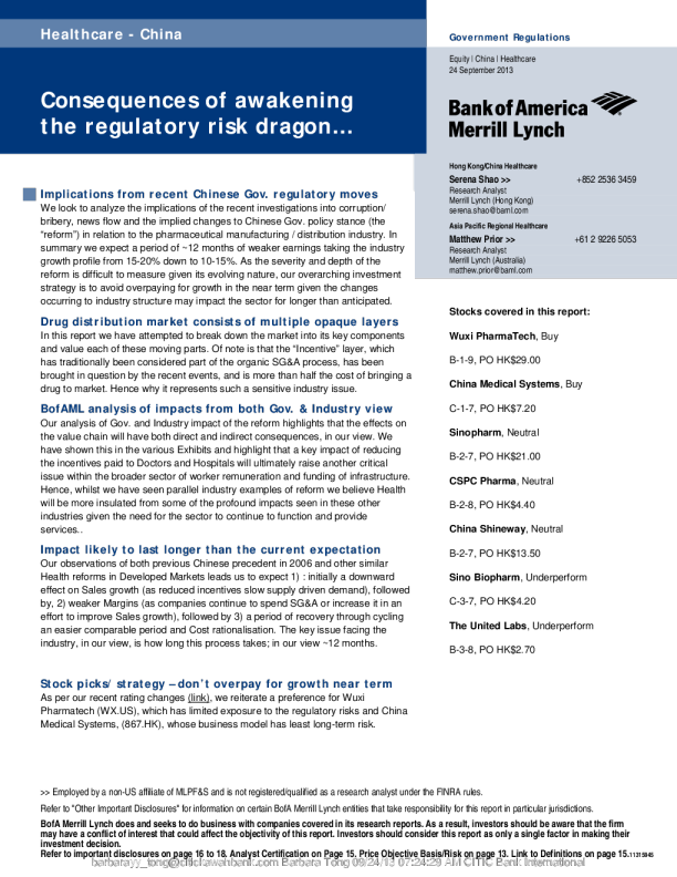 中国医疗保健：唤醒监管风险巨龙的后果……