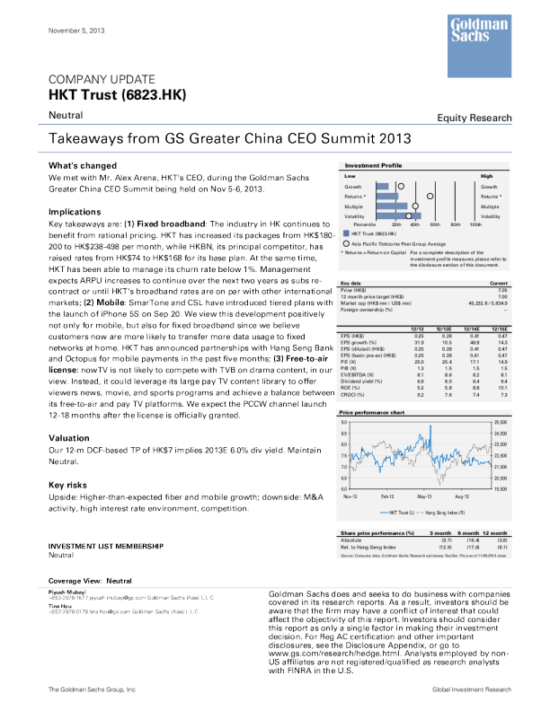 HKT Trust（6823.HK）：2013 GS大中华区CEO峰会摘要