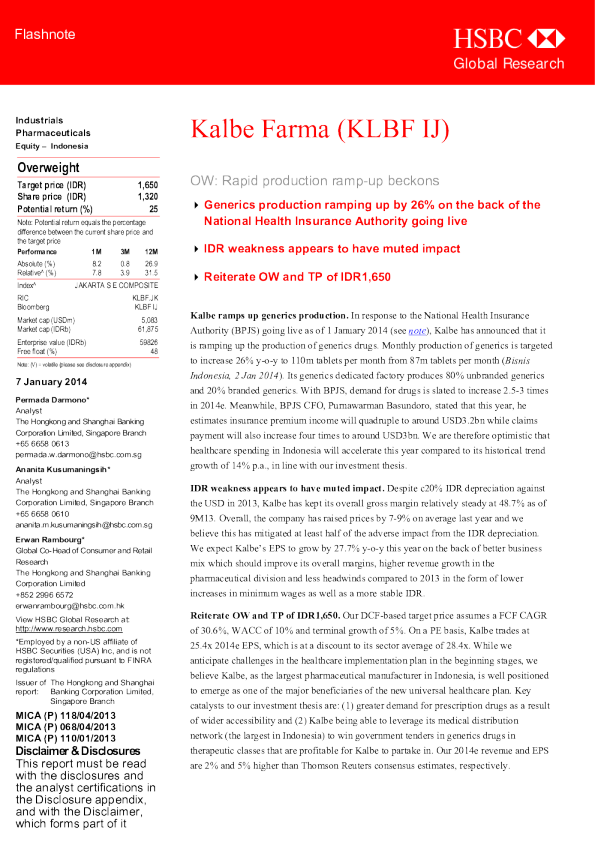 KALBE FARMA（KLBF.IJ）：OW：快速生产斜面