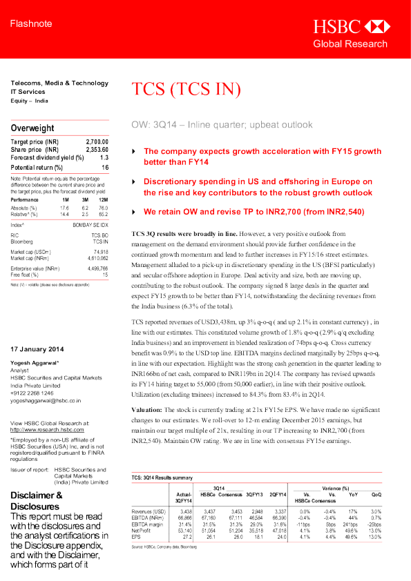 TCS（TCS.IN）：OW：2014年第3季度-在线季度；优派展望