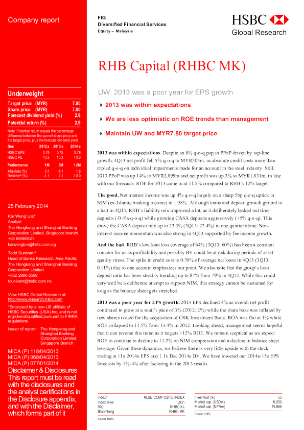 RHB CAPITAL（RHBC.MK）：UW：2013年EPS增长不佳
