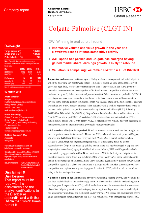 凝固酸盐棕榈油（CLGT.IN）：OW：全面赢得口腔护理
