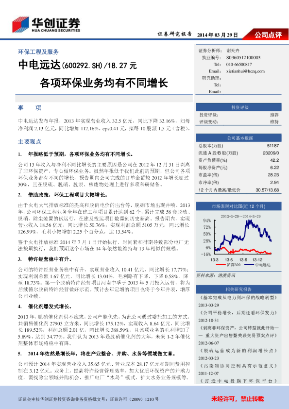 中电远达：各项环保业务均有不同增长
