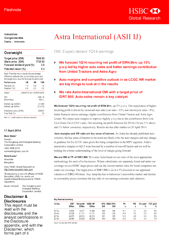ASTRA INTERNATIONAL（ASII.IJ）：OW：预计2014年第一季度收入不错