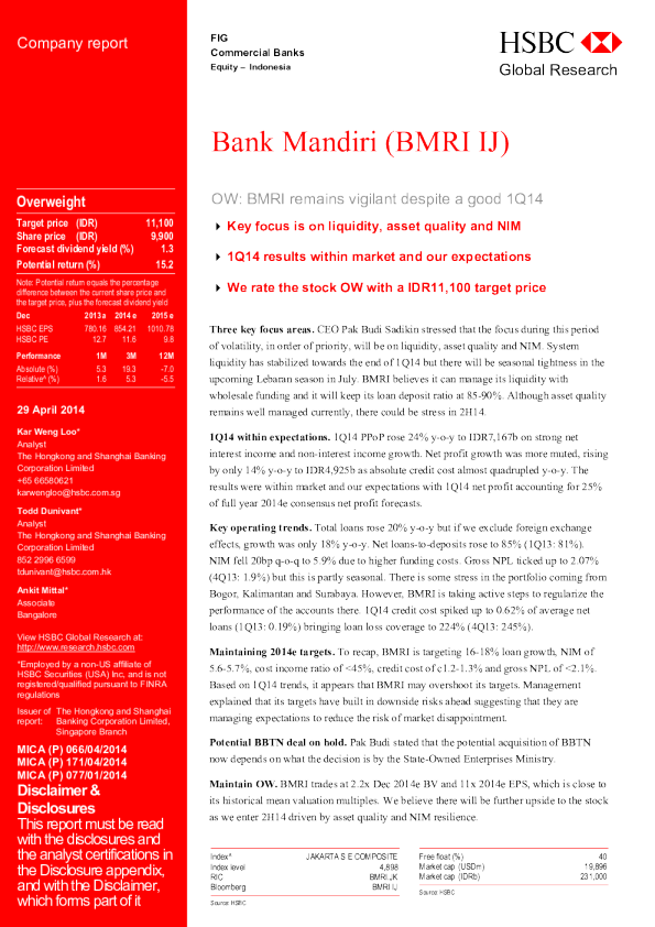 BANK MANDIRI PERSERO TBK PT（BMRI.IJ）：OW：BMRI REMAINS处境良好，尽管表现良好，2014年第一季度