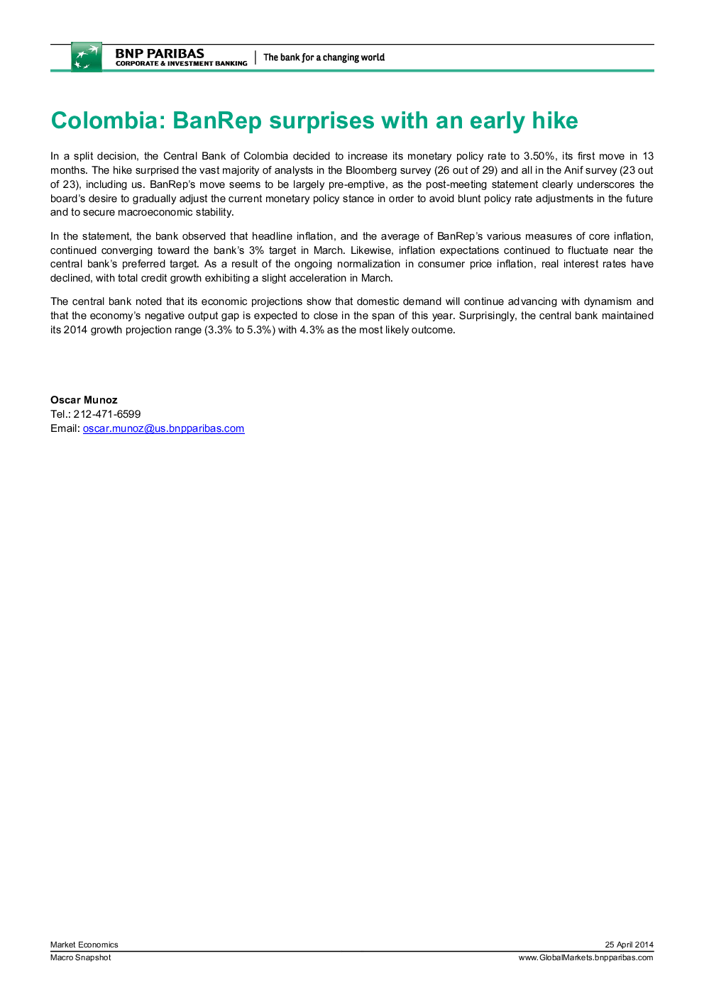 哥伦比亚：BanRep提前加息感到惊讶