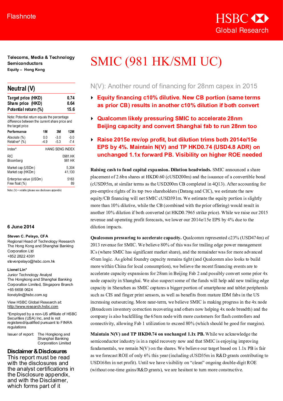 中芯国际（981 HK / SMI UC）：2015年另一轮28nm资本支出融资