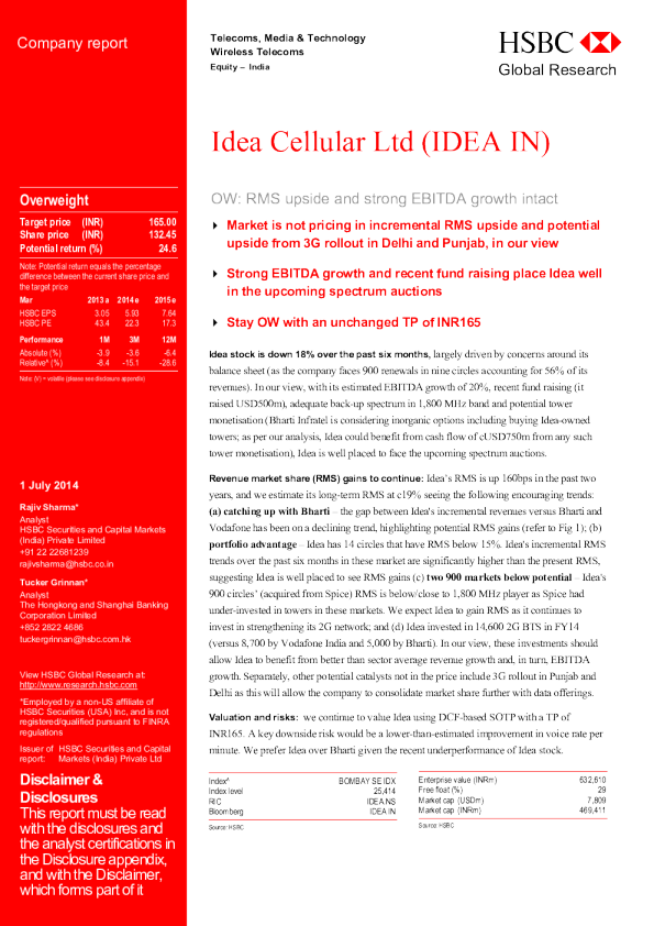IDEA CELLULAR LTD（IDEA.IN）：OW：RMS有效值和EBITDA强劲增长