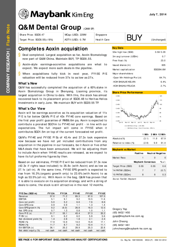 Q＆M DENTAL GROUP（QNM.SP）：完成AOXIN的收购
