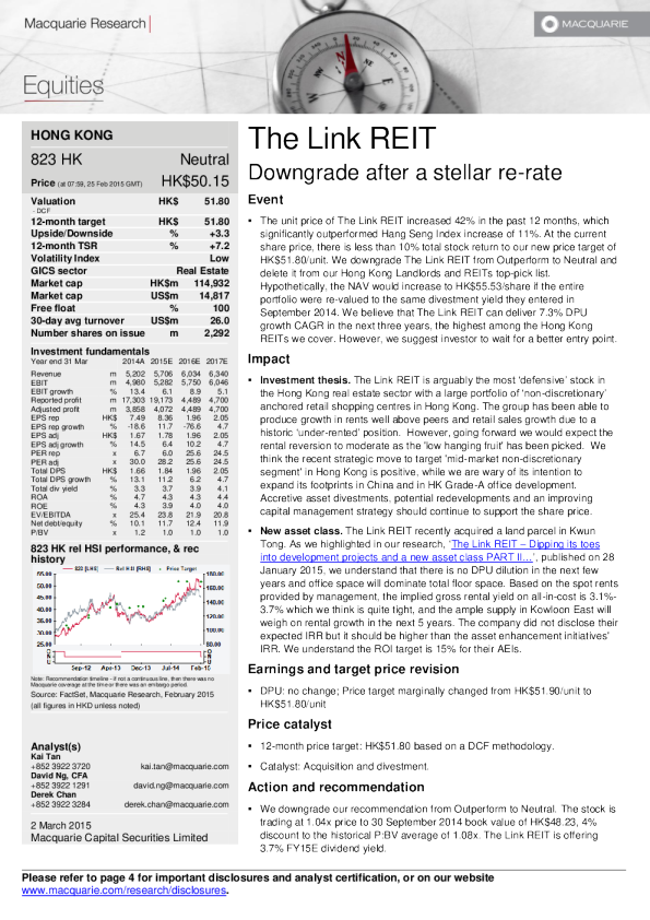 Link REIT：重新评级后降级