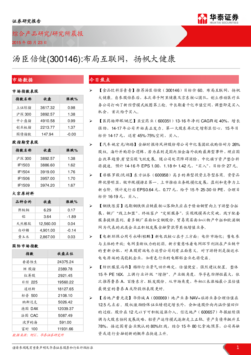 研究所晨报：汤臣倍健(300146)-布局互联网，扬帆大健康