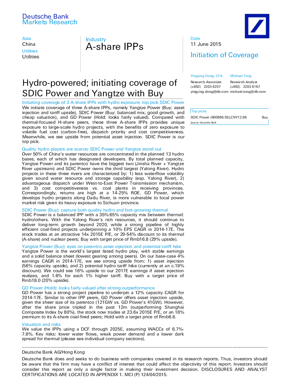 2015-06-11 Yingying Dong、Michael Tong 德意志银行 改***