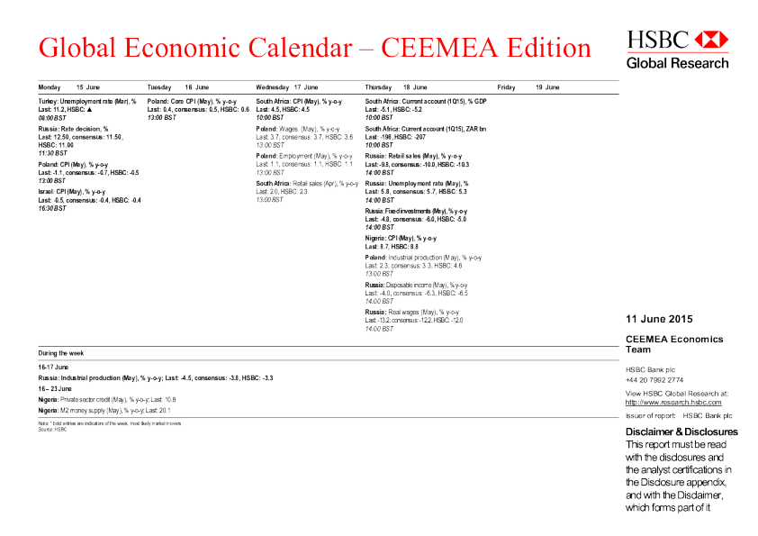 全球经济日历– CEEMEA版