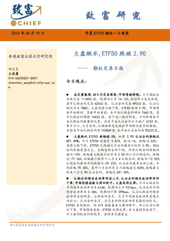 期权交易日报：大盘跳水，ETF50跌破2.90