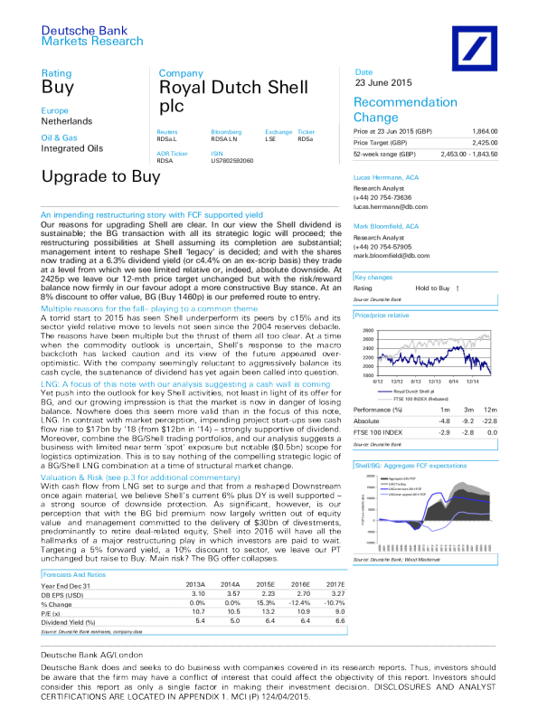 ROYAL DUTCH SHELL PLC(RDSA.L)：UPGRADE TO BUY
