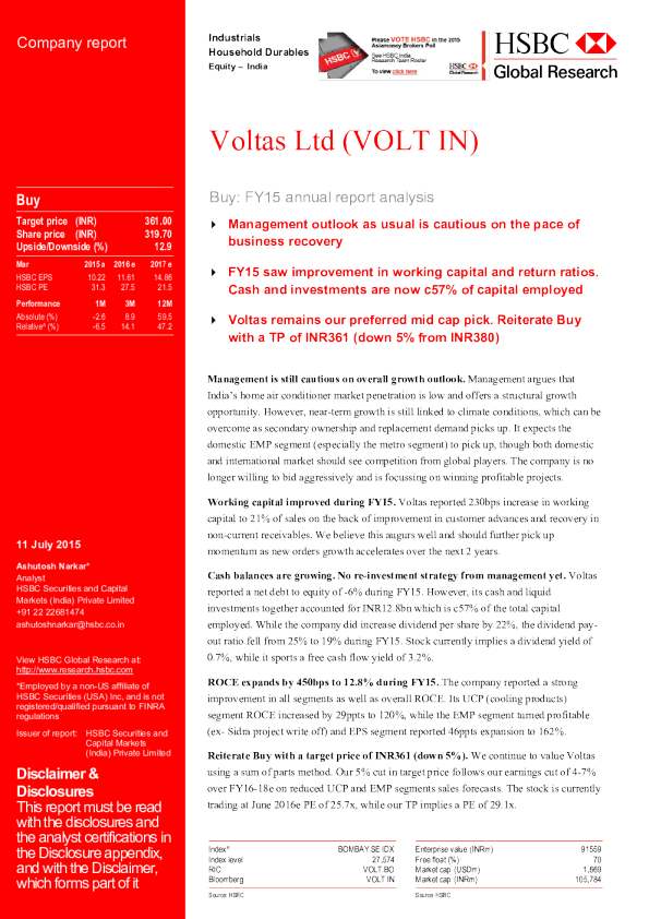 VOLTAS LTD（VOLT.IN）：买入：2015财年年度报告分析