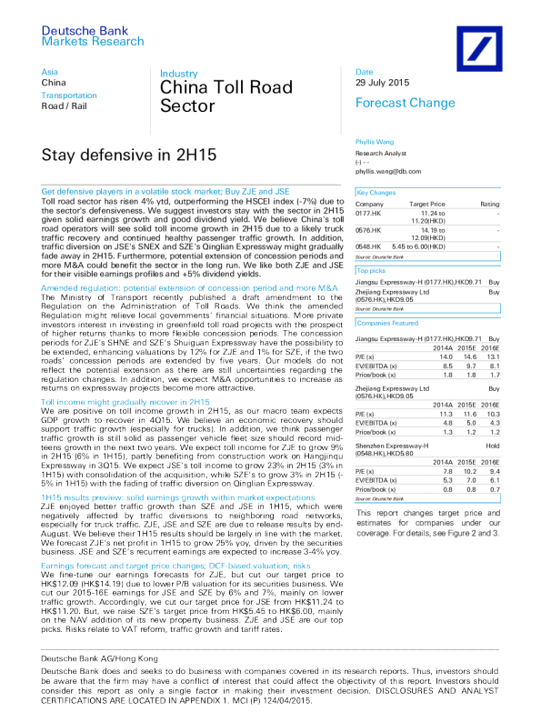 China Toll Road Sector：Stay defensive in 2H15