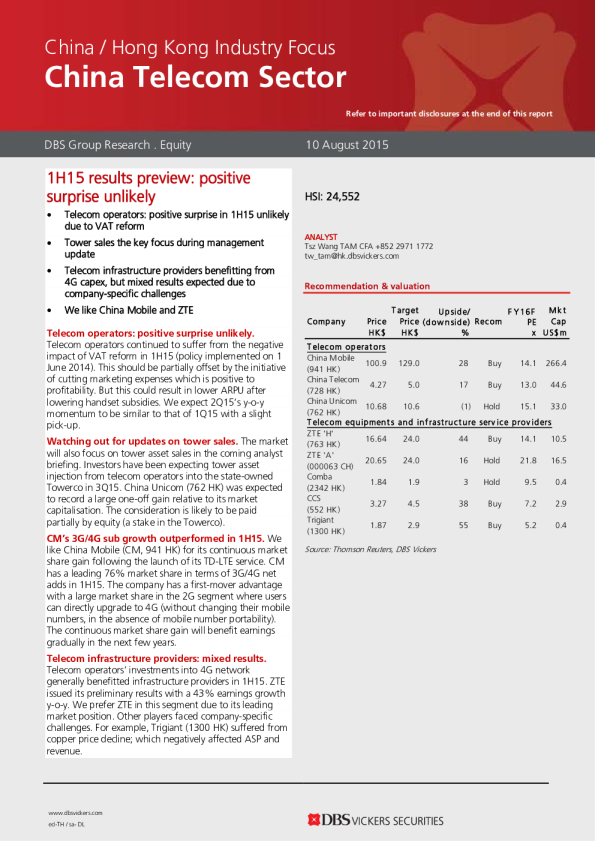 1H15 results preview: positive surprise unlikely
