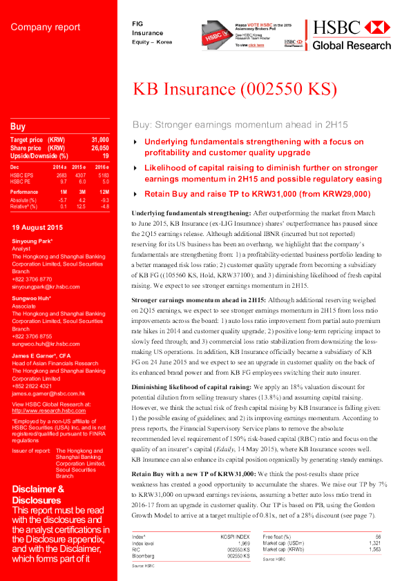 KB INSURANCE（002550.KS）：买入：2015年上半年将有更强劲的收益增长