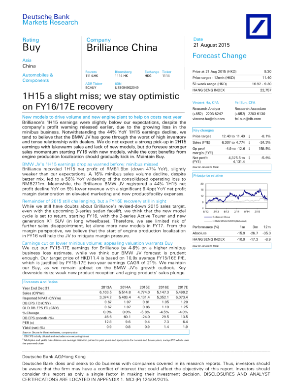 1H15有点错过；我们对FY16 / 17E的复苏保持乐观