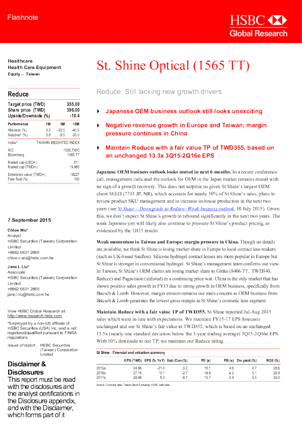 ST.SHINE OPTICAL（1565.TT）：减少：仍然缺乏新的增长动力