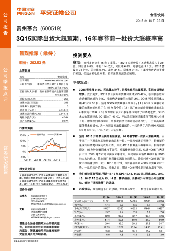 公司季报点评：3Q15实际出货大超预期，16年春节前一批价大涨概率高
