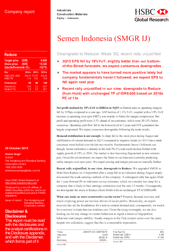 SEMEN INDONESIA（SMGR.IJ）：降级减少：最近第3季度疲软的集会人数未定