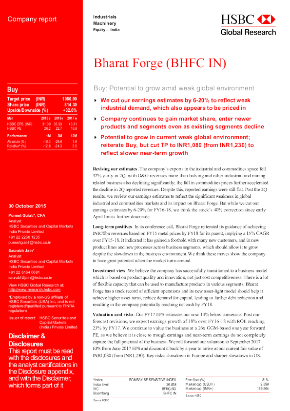 BHARAT FORGE（BHFC.IN）：买入：有可能扩大弱势的全球环境