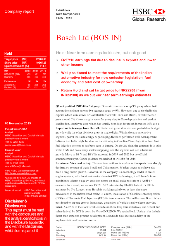 BOSCH LTD（BOS.IN）：持有：近期业绩不足，前景不错