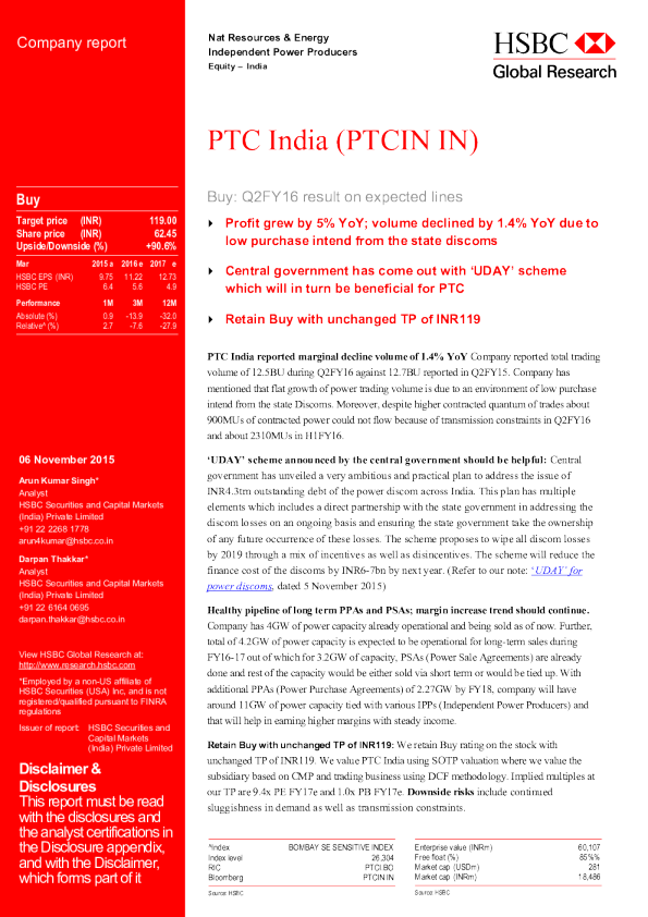 PTC印度（PTCIN.IN）：买入：2016年第2季度预期产量结果